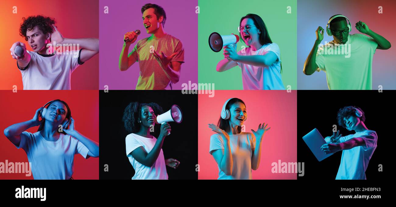 Collage of portraits of young people singing, shouting in megaphone or ...