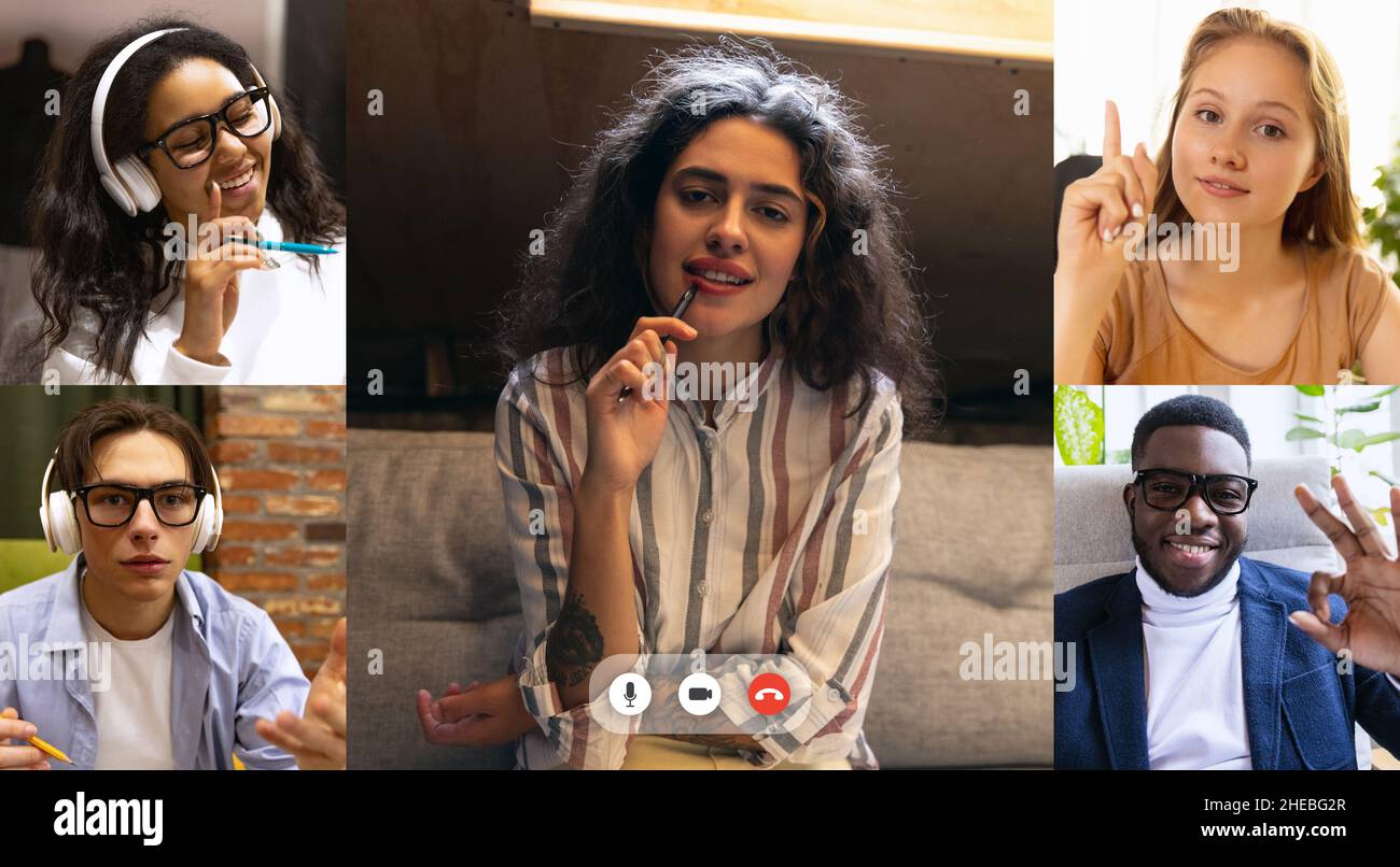 Set of five students at online lesson, class via group video call ...