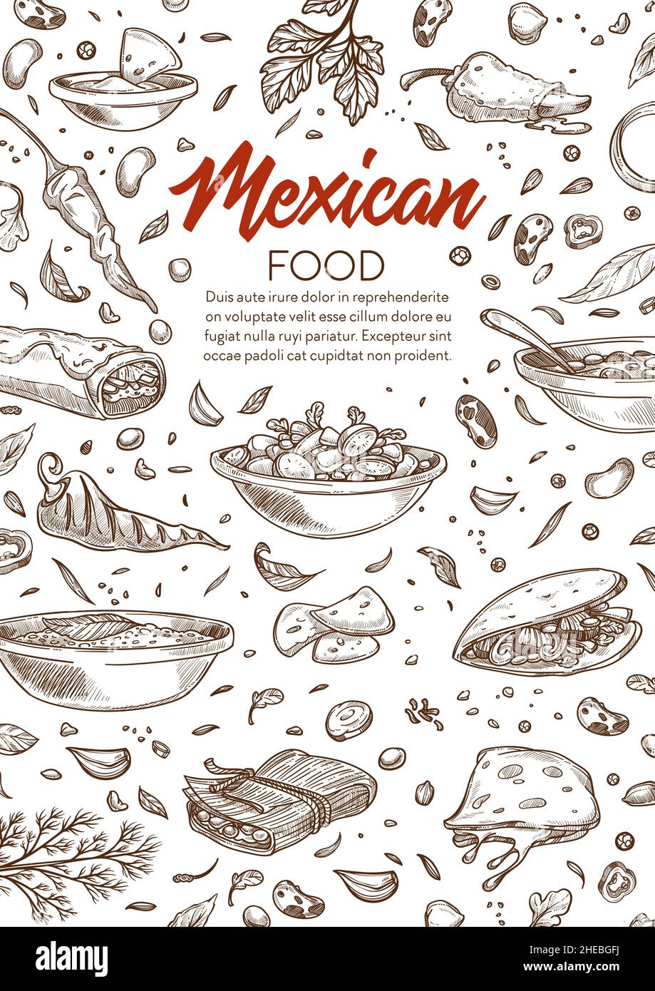 Mexican food, monochrome menu with dishes vector Stock Vector Image ...