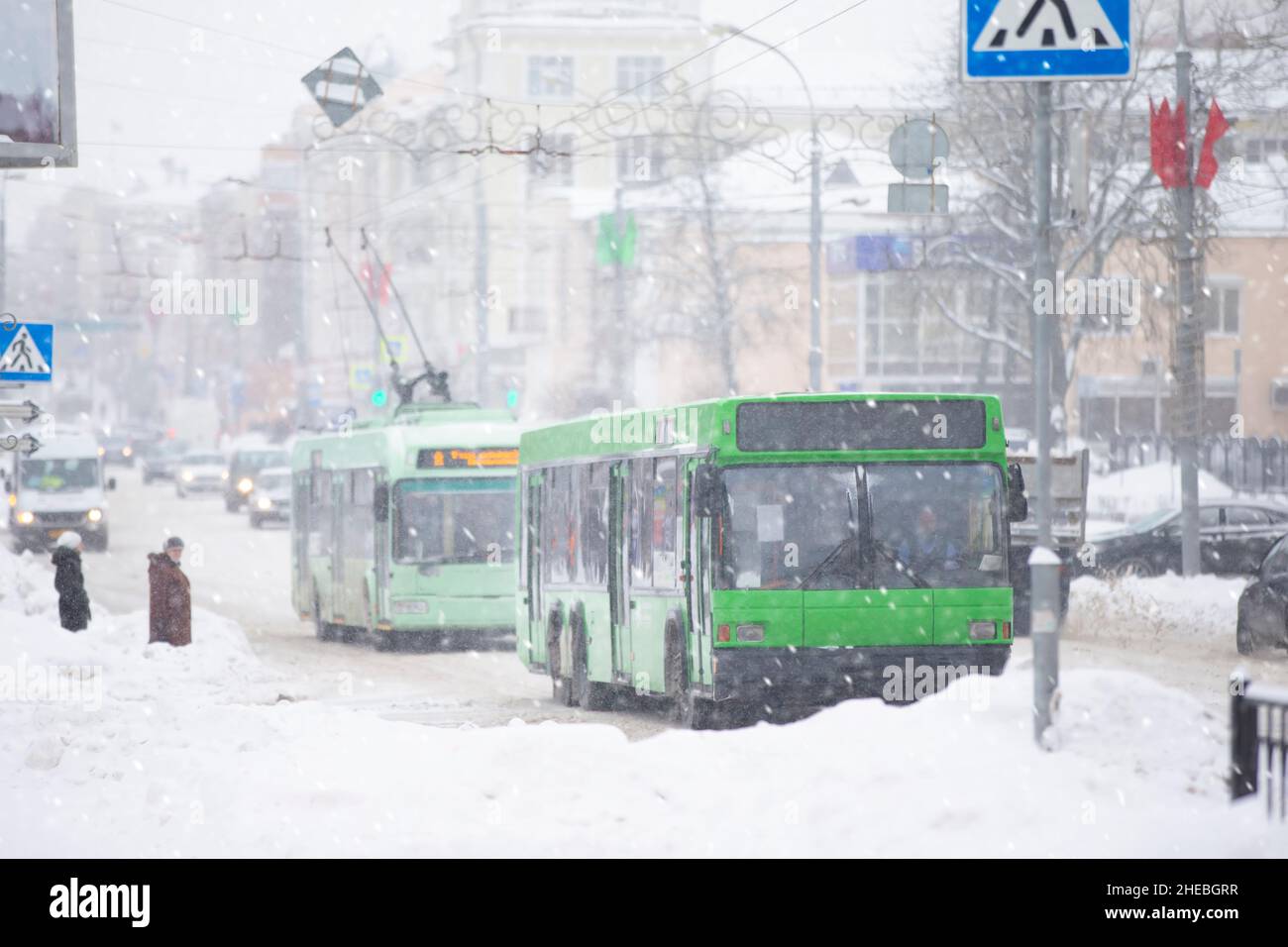 Belarus, city of Gomil, February 11, 2021. City street in a snow storm ...