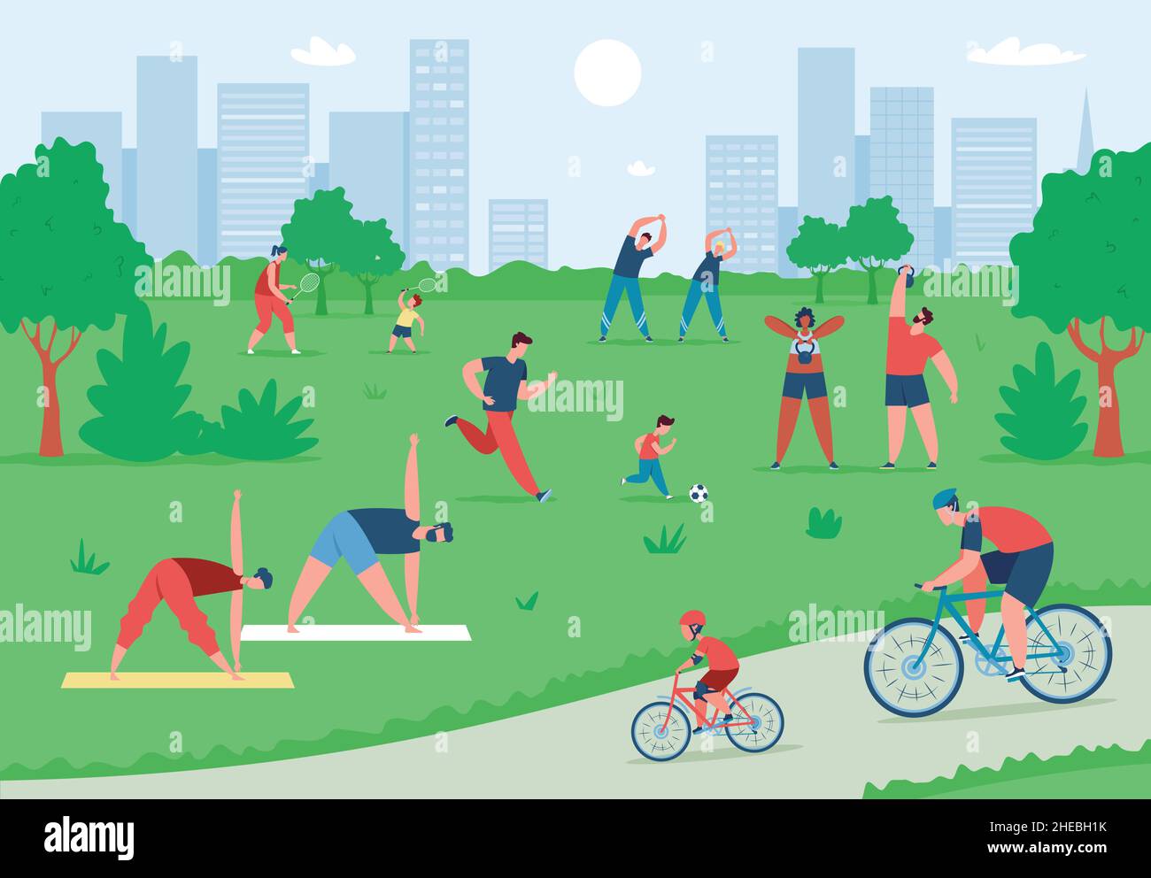 People exercising and doing sports outdoor in summer city park. Active ...