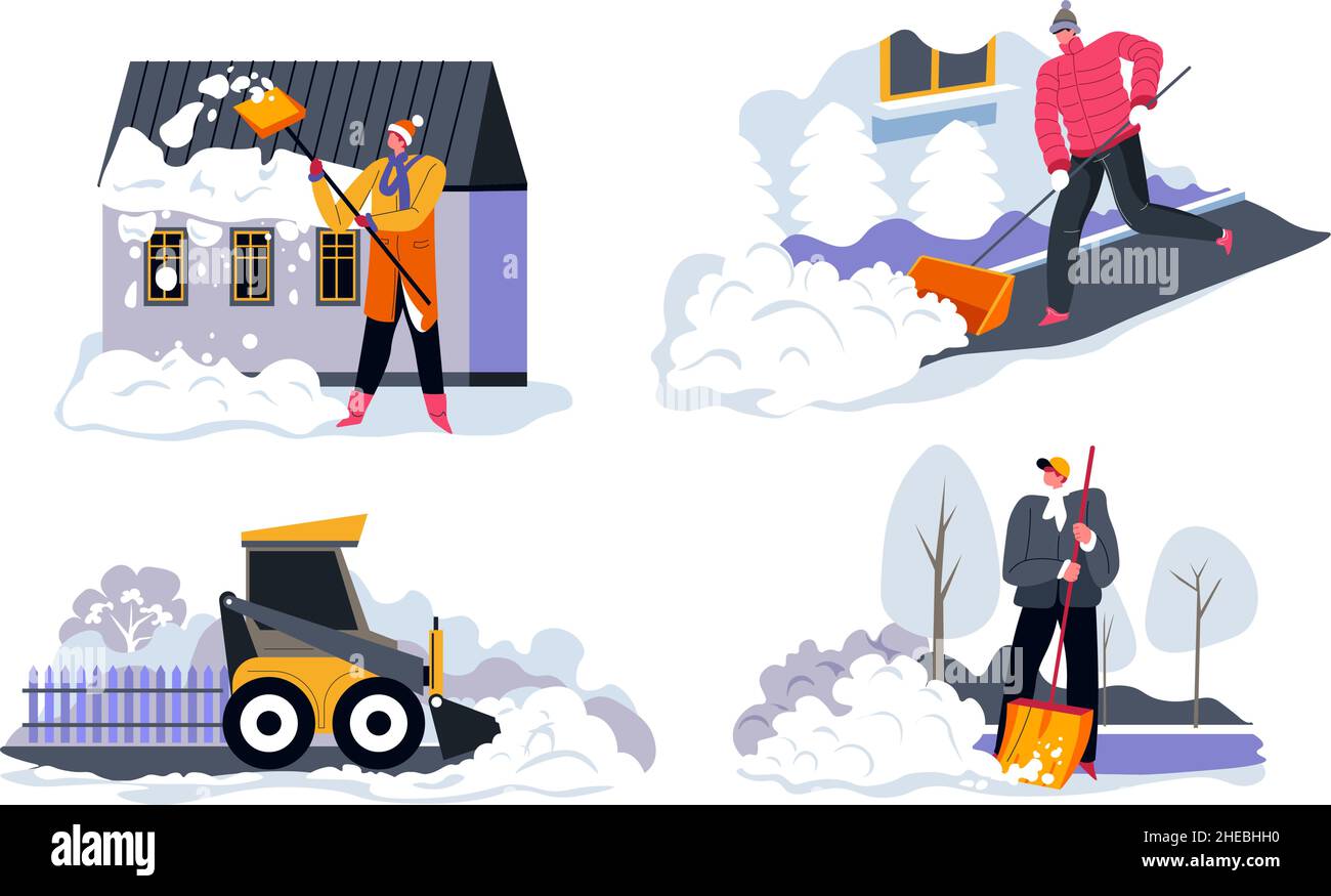 People cleaning road and yard from snow in winter Stock Vector Image ...