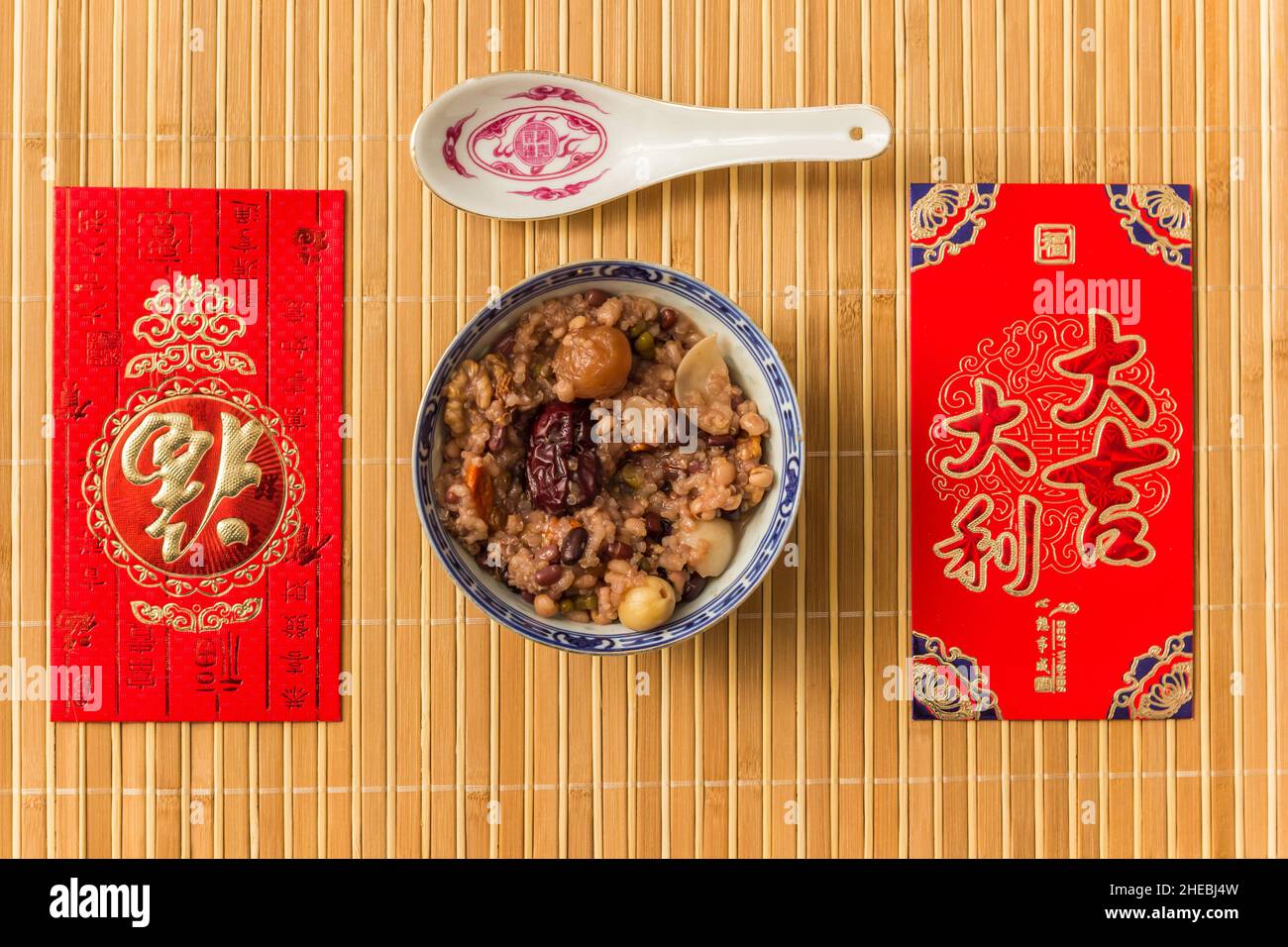 Bowl of traditional chinese laba zhou porridge and greeting cards for ...