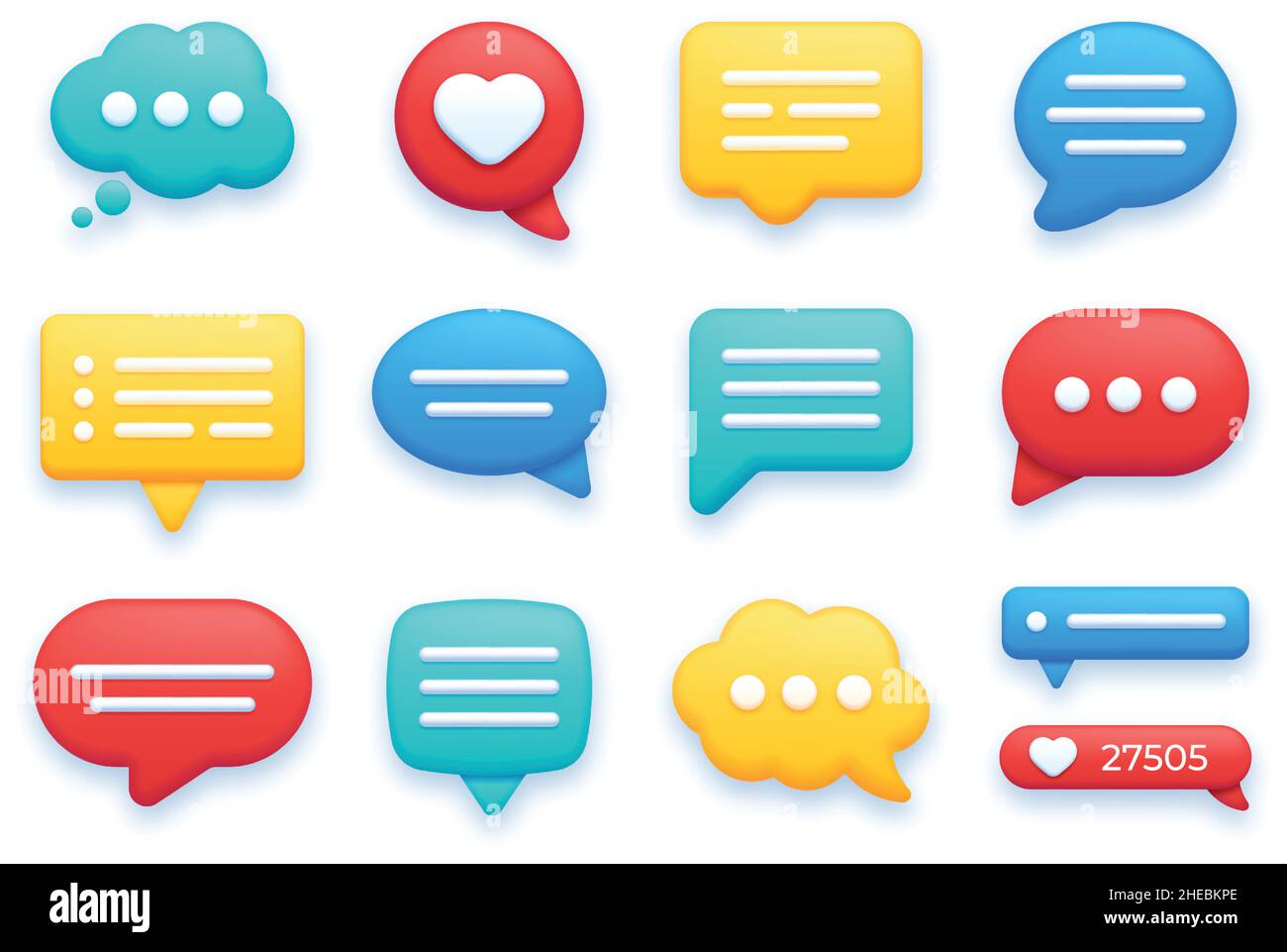 3d speech bubbles, thinking text bubble, chat and like icon. Social ...