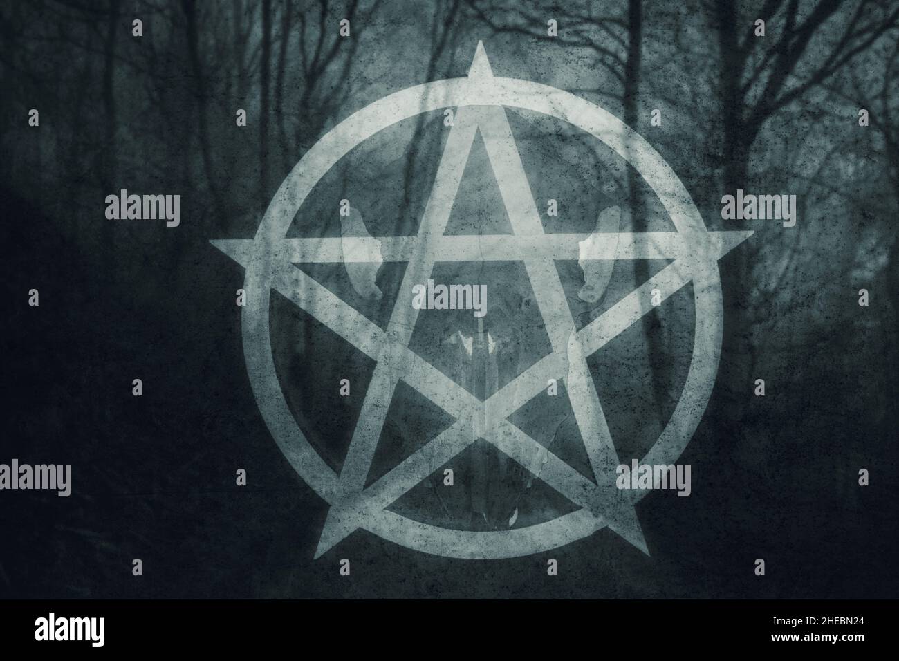 A horror concept of a double exposure of a pentagram. With an animal ...