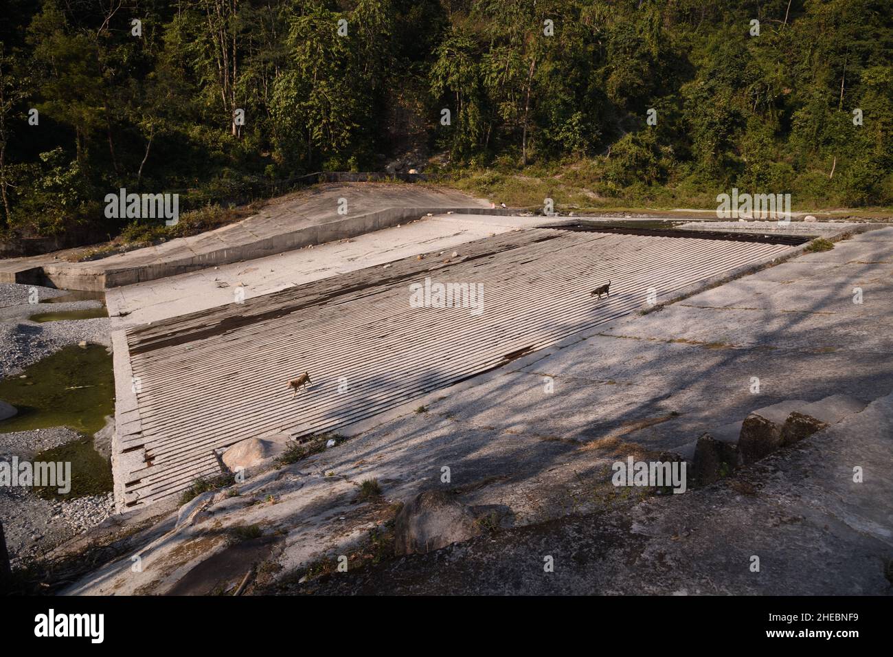 Slope after gravel separating grid of Neora dam across river Neora in ...