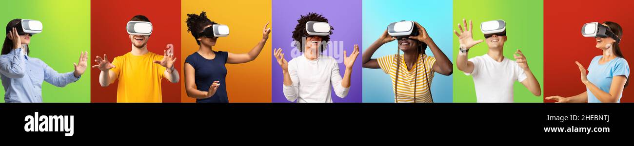 Collage of diverse young people experiencing virtual reality wearing VR ...