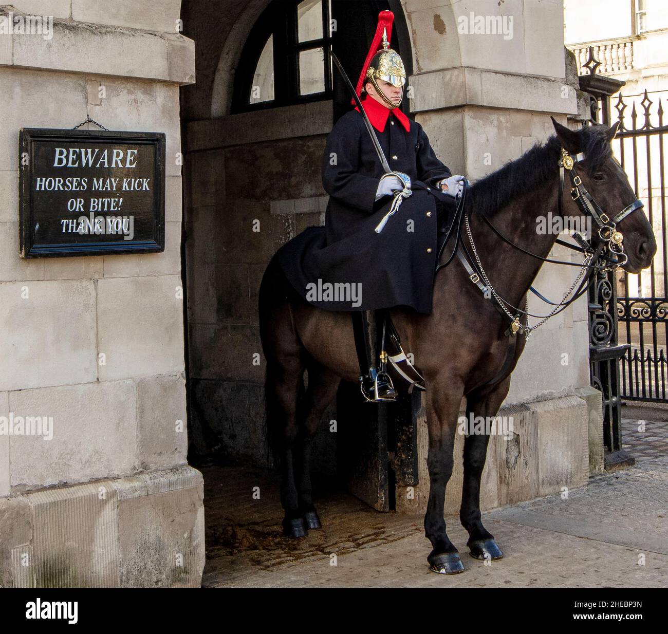 Mounted Household Cavalry Mounted Regiment (HCMR) (Life Guards) sentry ...