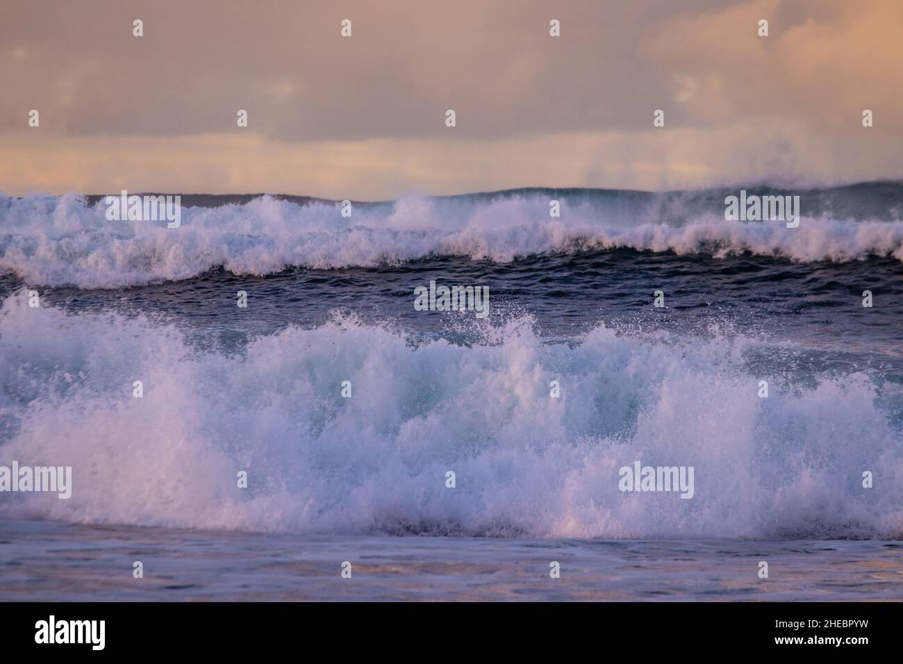 Waves in the Atlantic ocean, before sunset, colorful sky, Azores travel ...