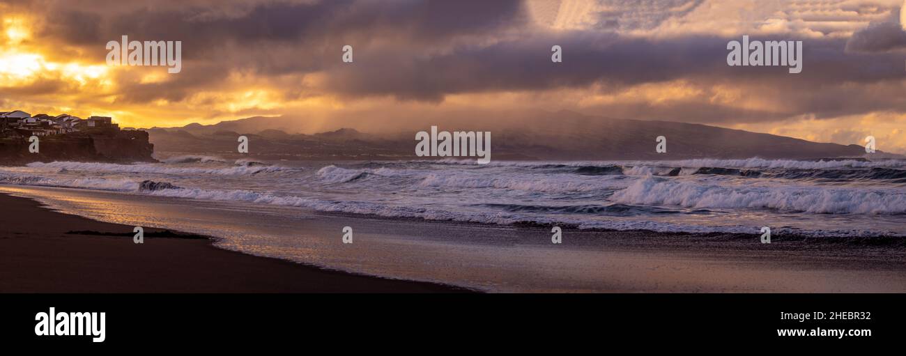 Waves in the Atlantic ocean, before sunset, colorful sky, Azores travel ...