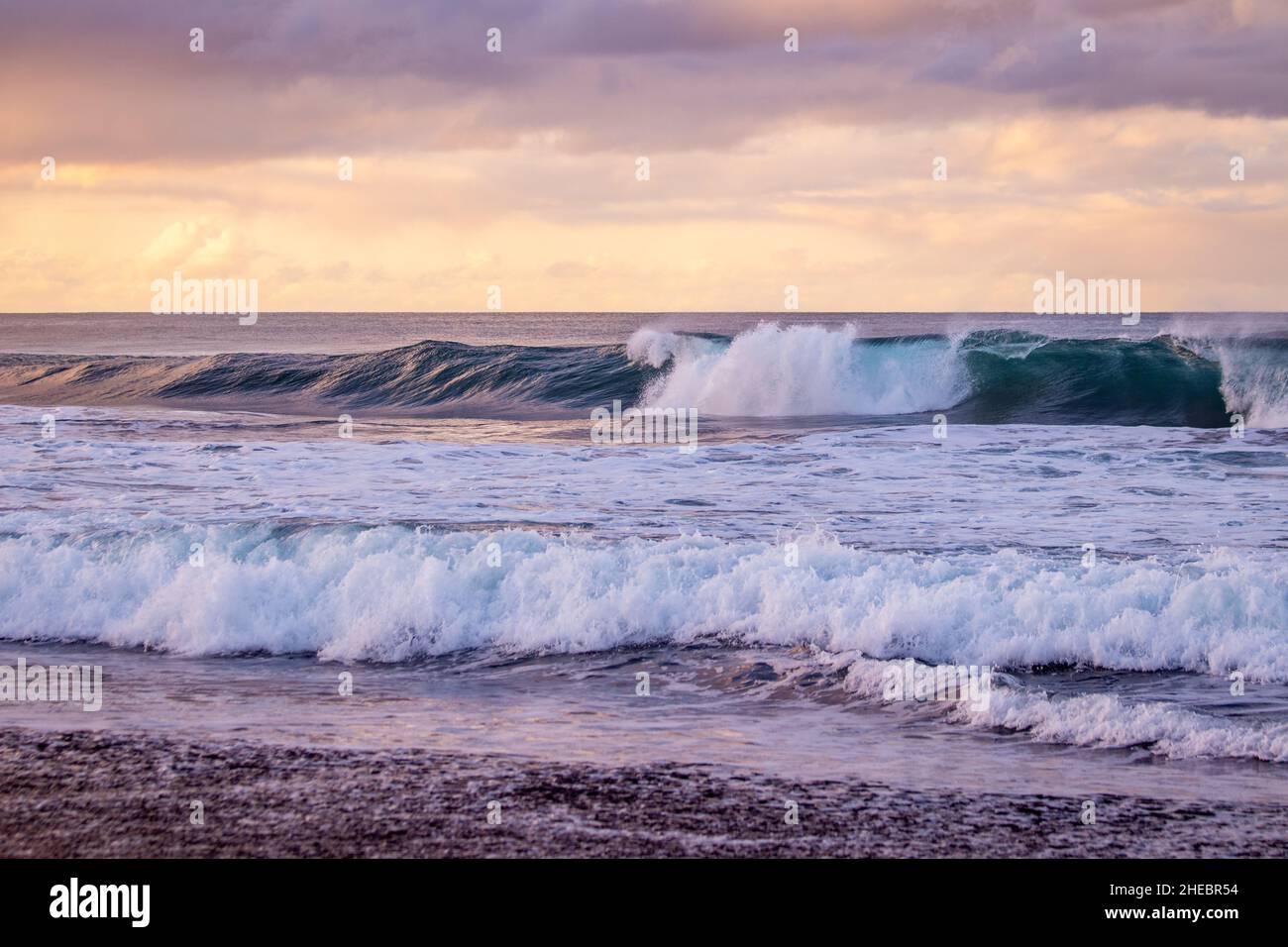 Waves in the Atlantic ocean, before sunset, colorful sky, Azores travel ...