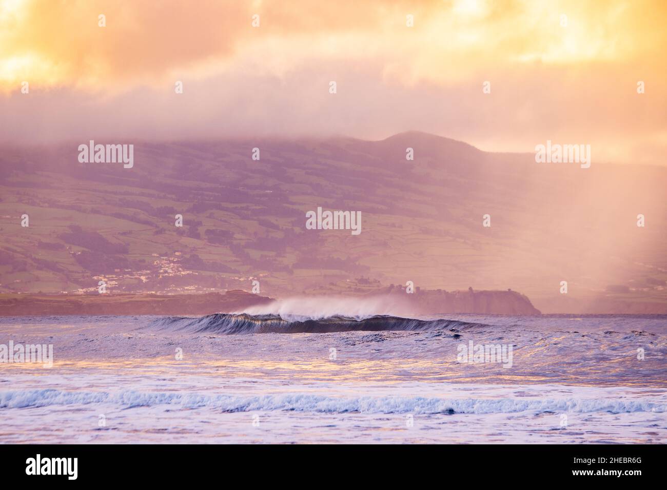 Waves in the Atlantic ocean, before sunset, colorful sky, Azores travel ...
