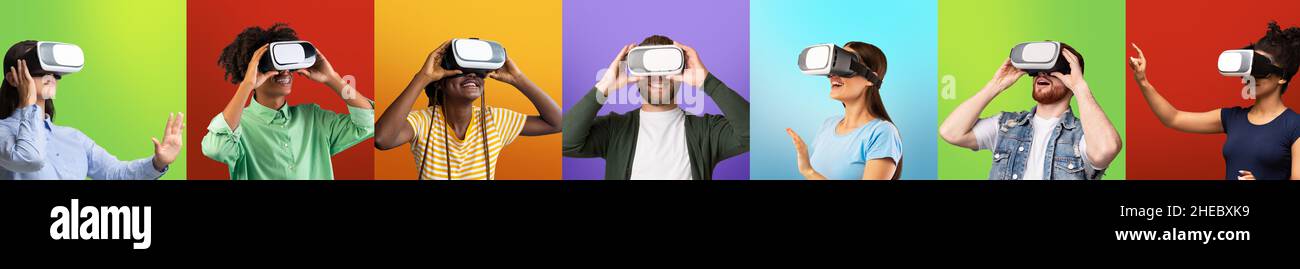 Augmented reality world. Collage of young people in VR glasses ...