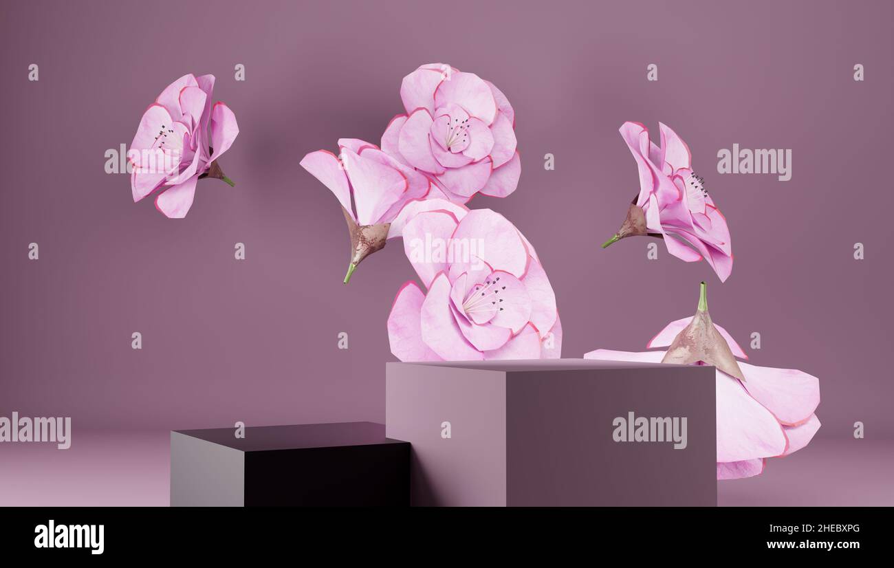 3D rendering flower background with geometric shape podium for product ...