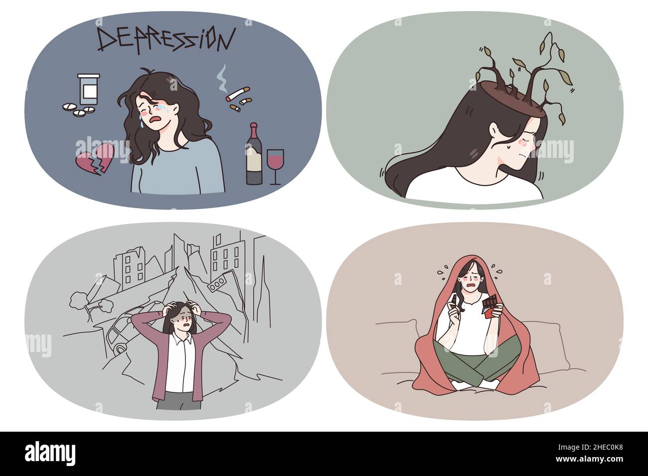Depression grief and bad thoughts concept. Set of young women addicted ...