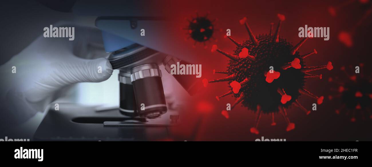 close up of hand with microscope and coronavirus Stock Photo - Alamy