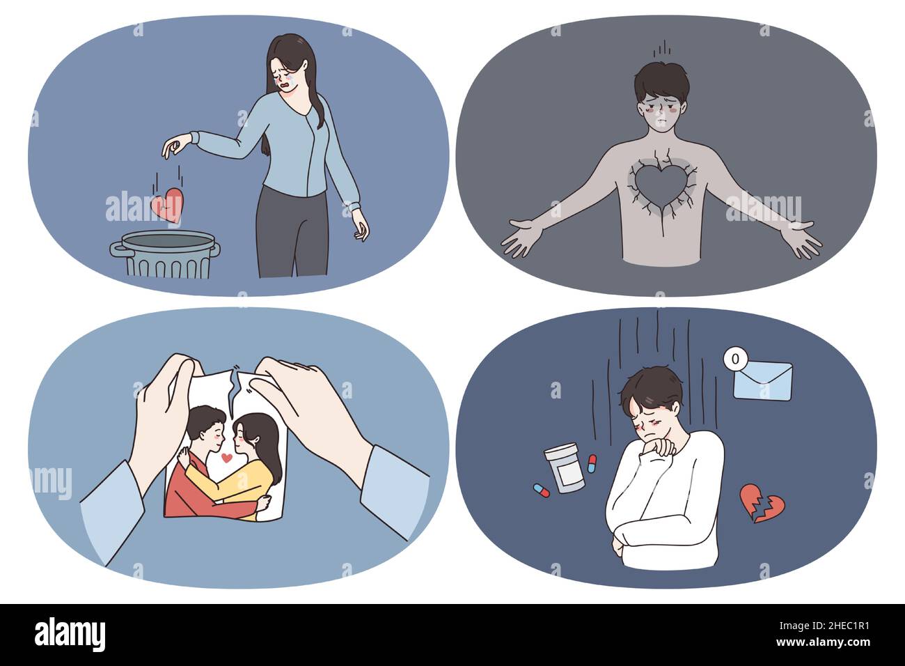 Breaking up and love end concept. Set of sad young people throwing ...