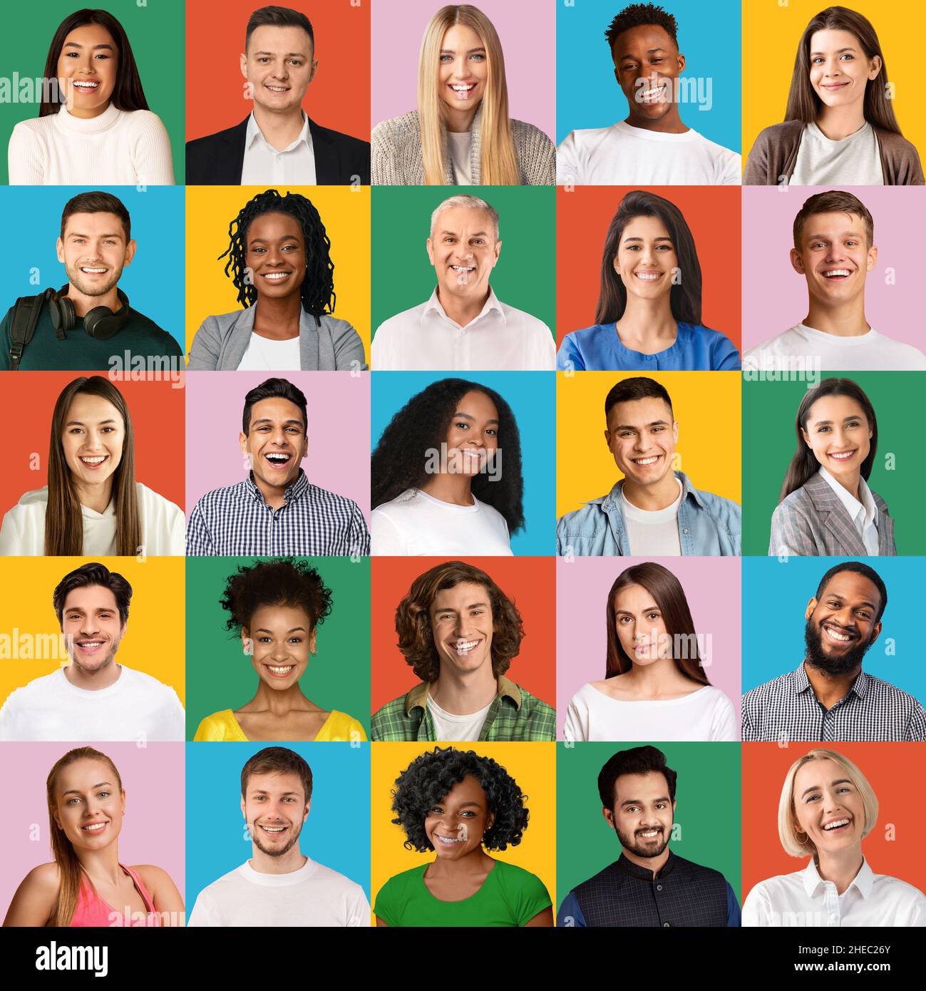 Multiracial smiling people photos on bright colorful backgrounds, set ...