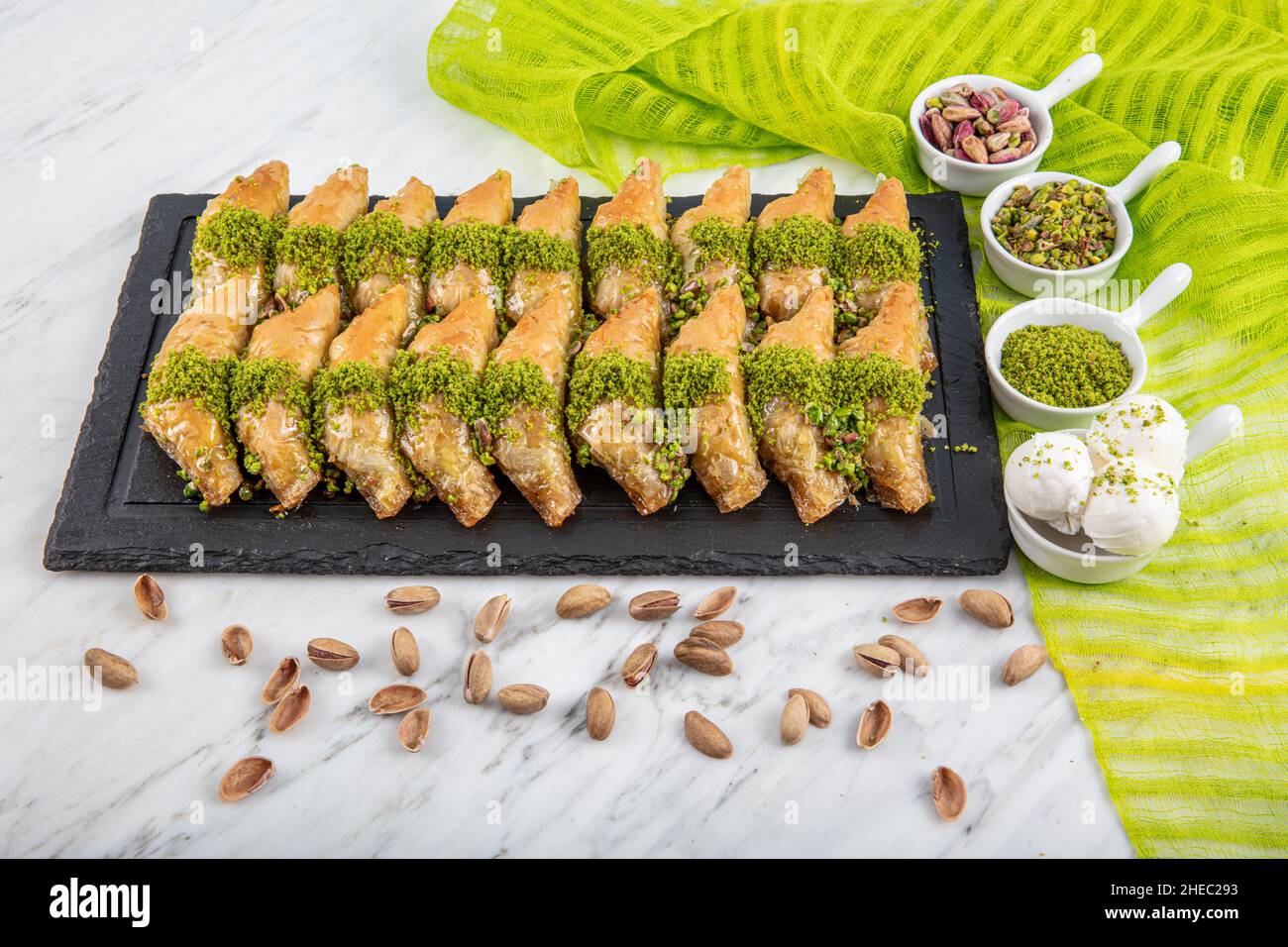 Sobiyet baklava on a marble background. Turkish patisserie dessert with ...