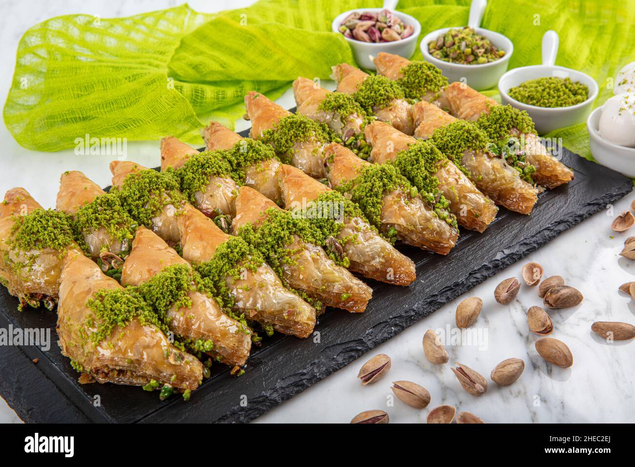 Sobiyet baklava on a marble background. Turkish patisserie dessert with ...