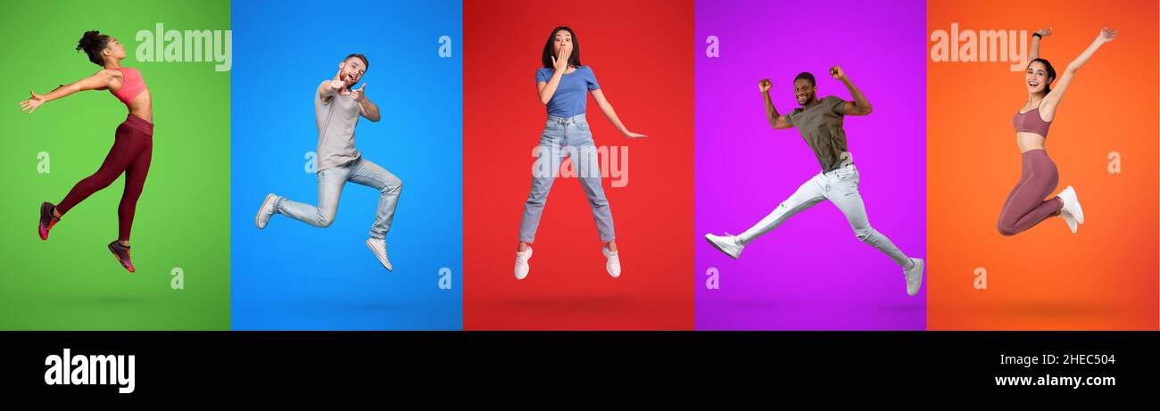 Excited young multiracial people jumping, expressing positive emotions ...