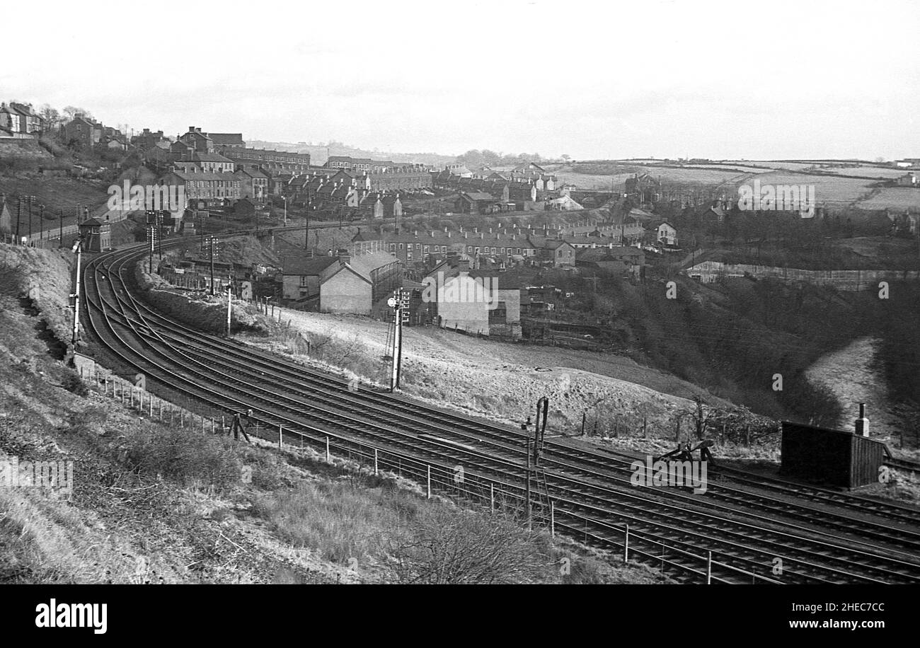 1940s, historical, rail tracks above a mining village, South Wales. UK ...