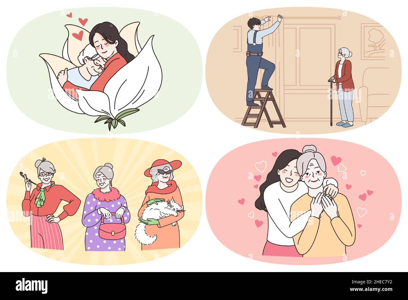 Happy senior people getting support concept. Set of smiling mature ...