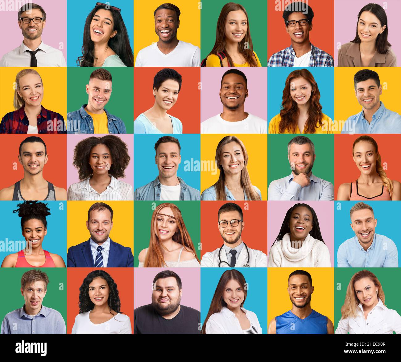 Mosaic Of Happy Multicultural People Portraits Over Colorful ...