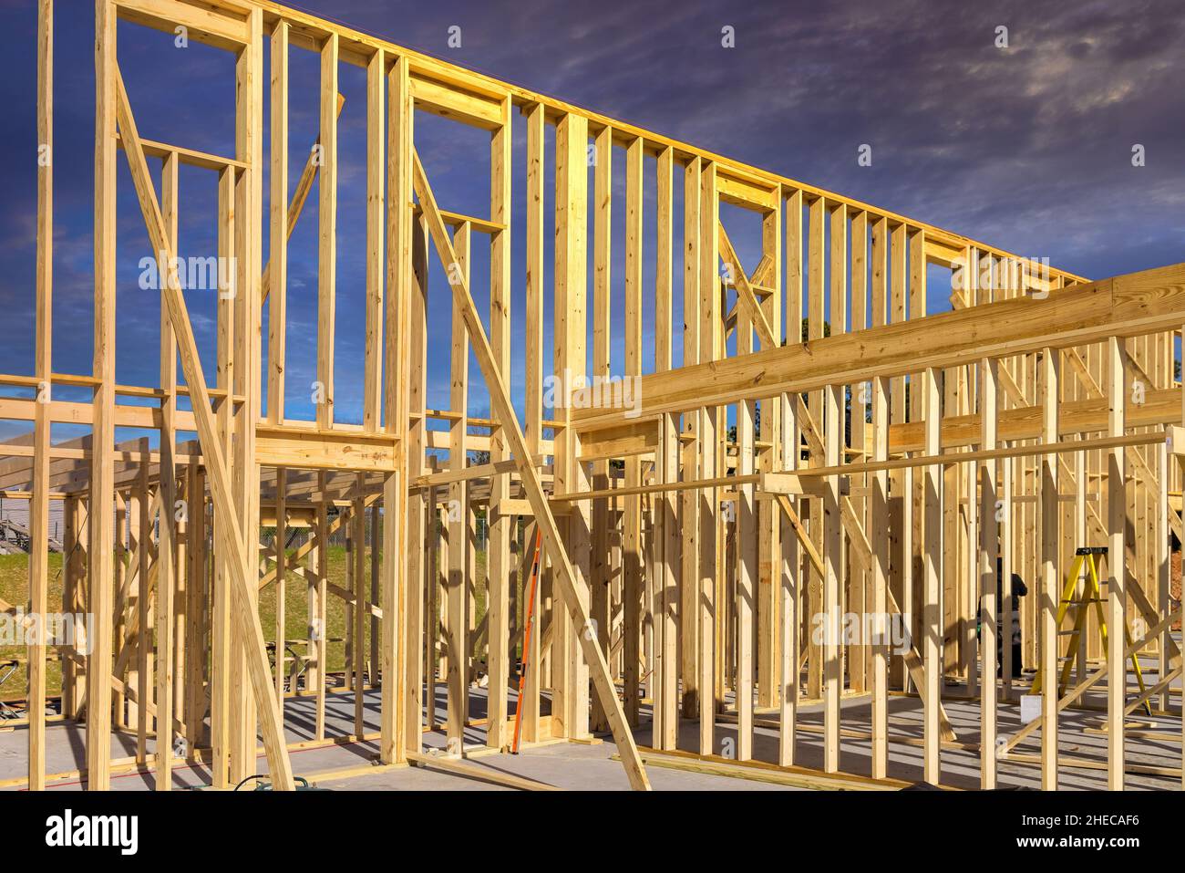 New stick built building view framing of beams on new home under ...