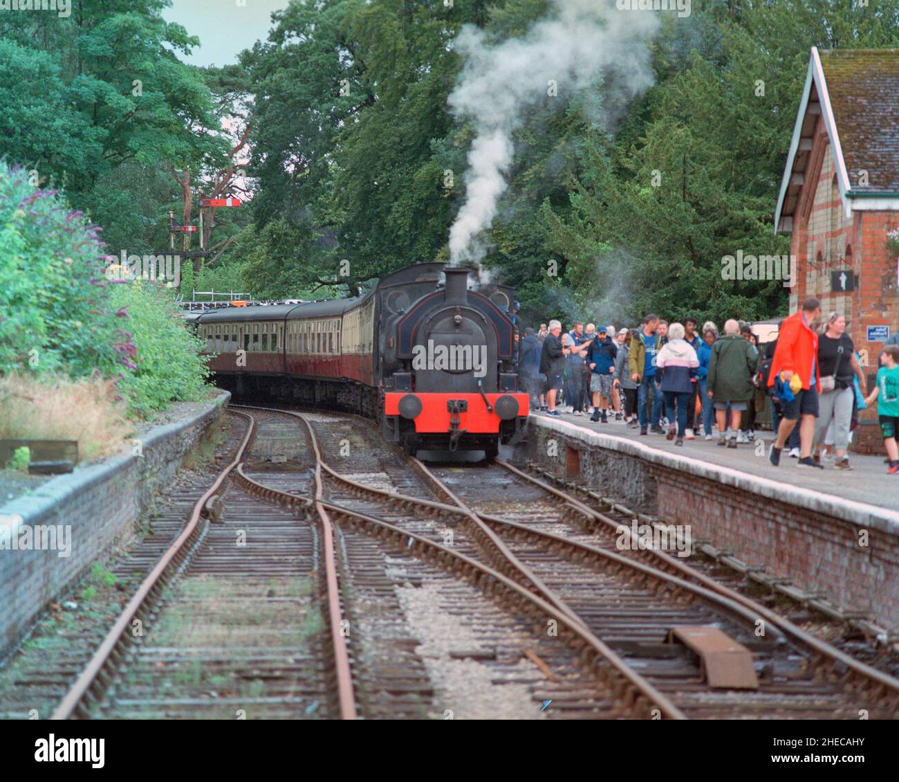Lakeside, UK - 06 August 2021: A steam train at Lakeside railway ...