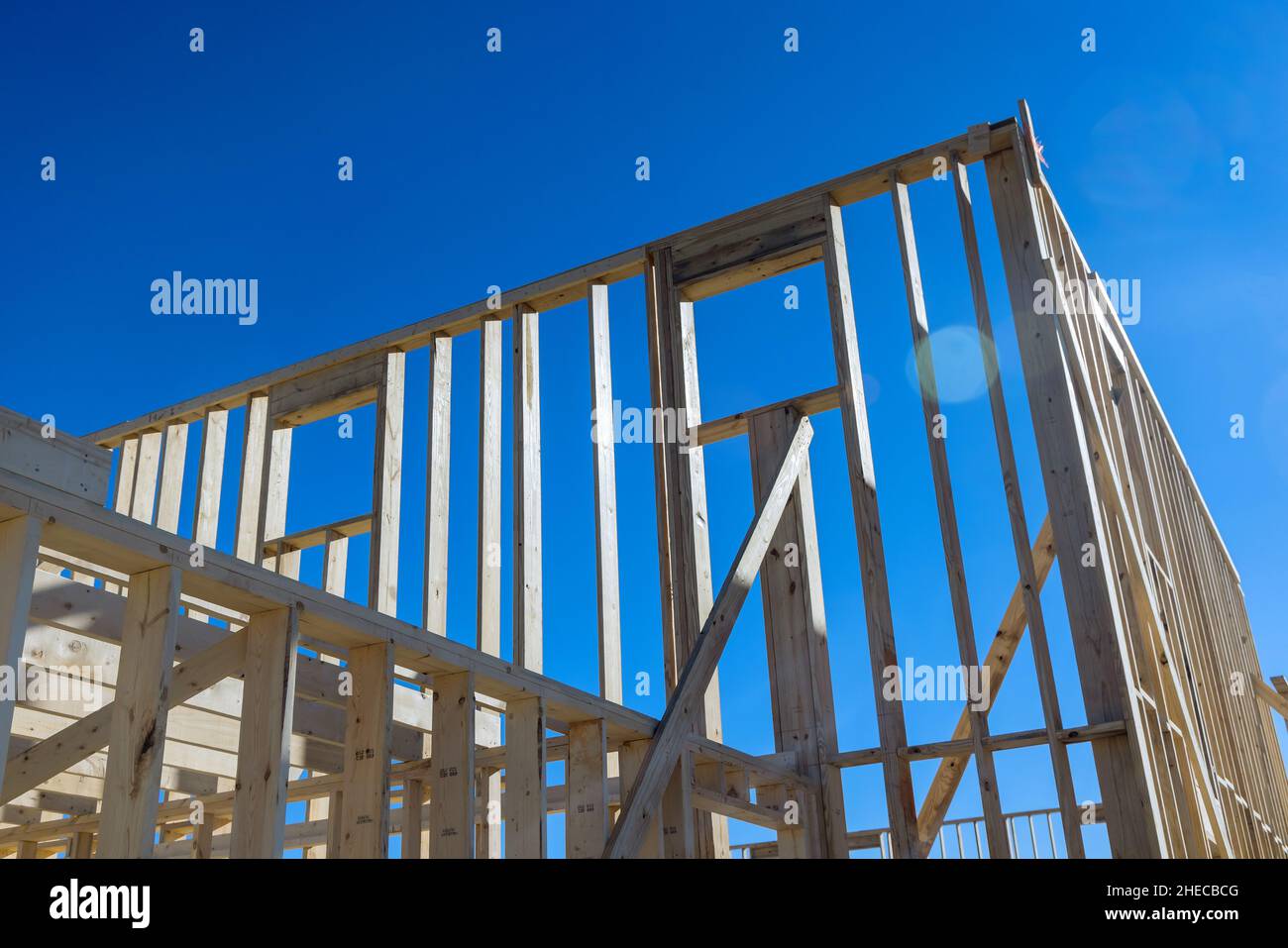 New residential construction wooden houses framing of beams stick Stock ...