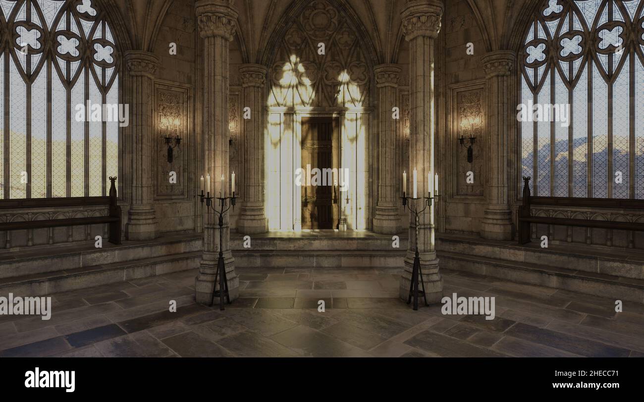 3D illustration fantasy medieval temple in the castle Stock Photo - Alamy