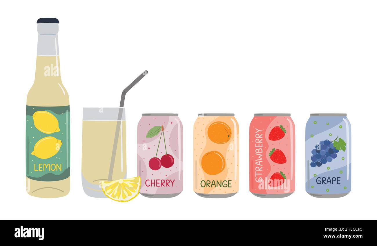 Set of soft drinks in aluminum cans and glass bottle with soda and ...