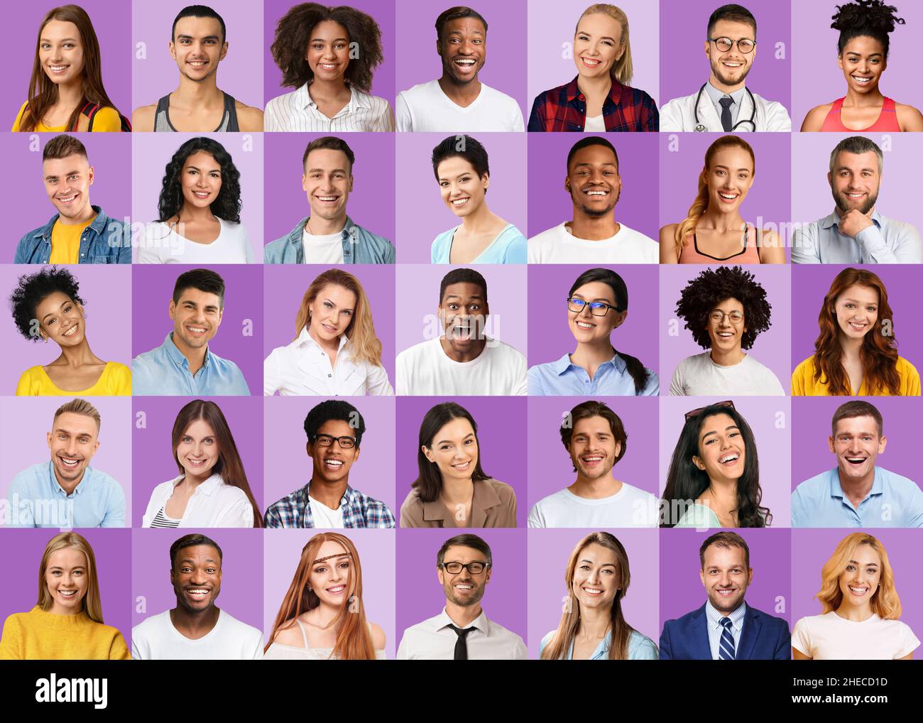 Collage of diverse multicultural people portraits over purple toned ...