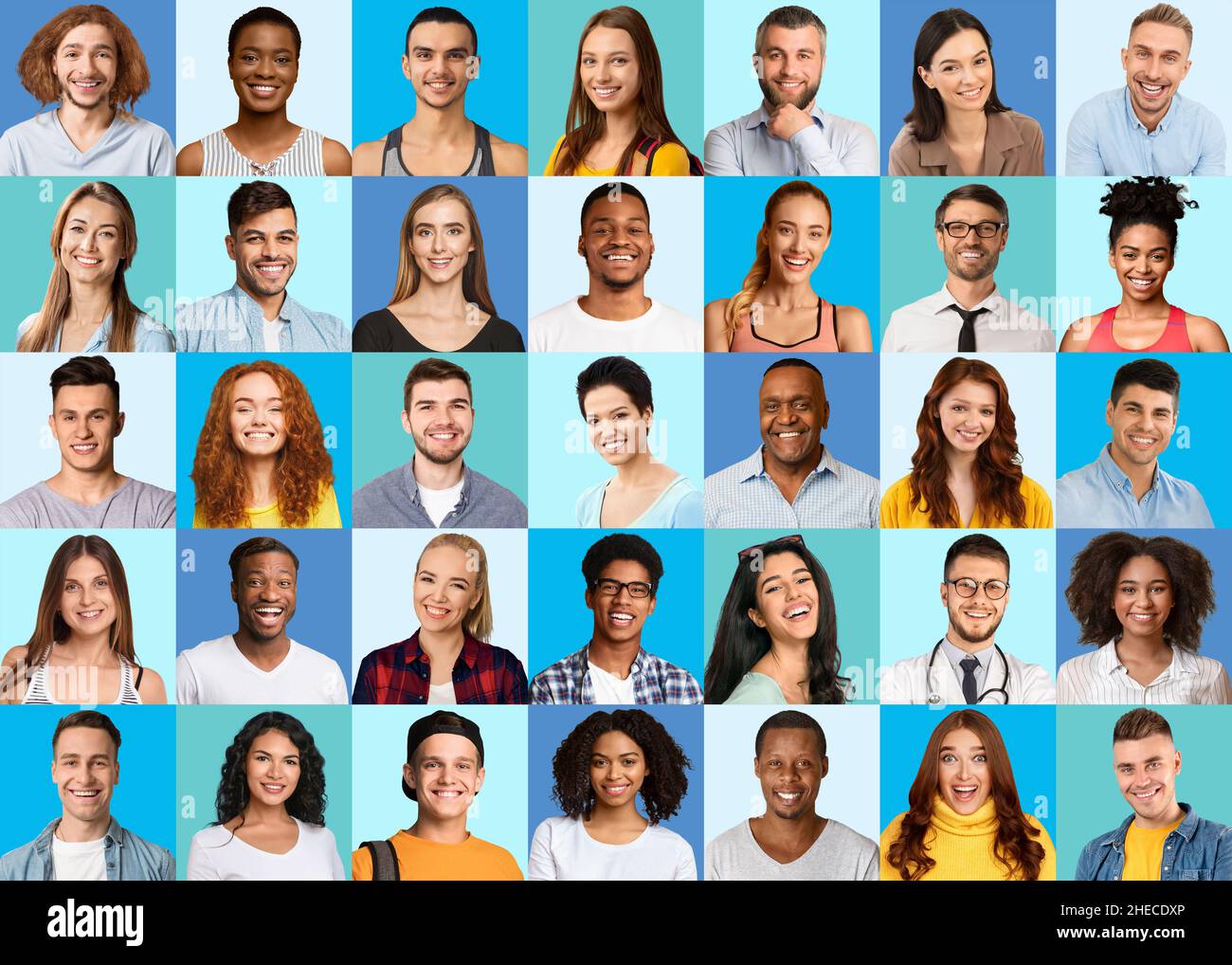 Set of different happy multicultural people portraits over blue toned ...