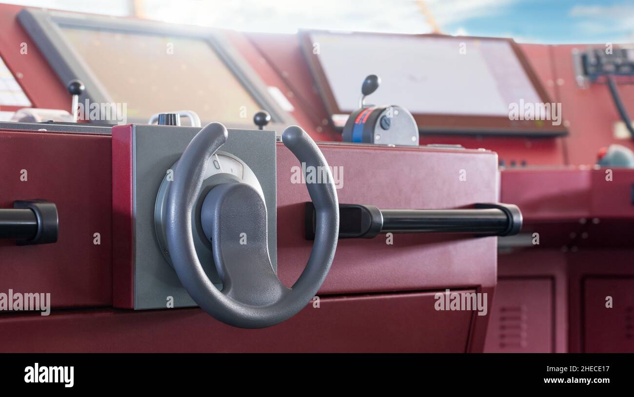 Ship control board. Wheelhouse helm, vessel bridge backlight with sun ...