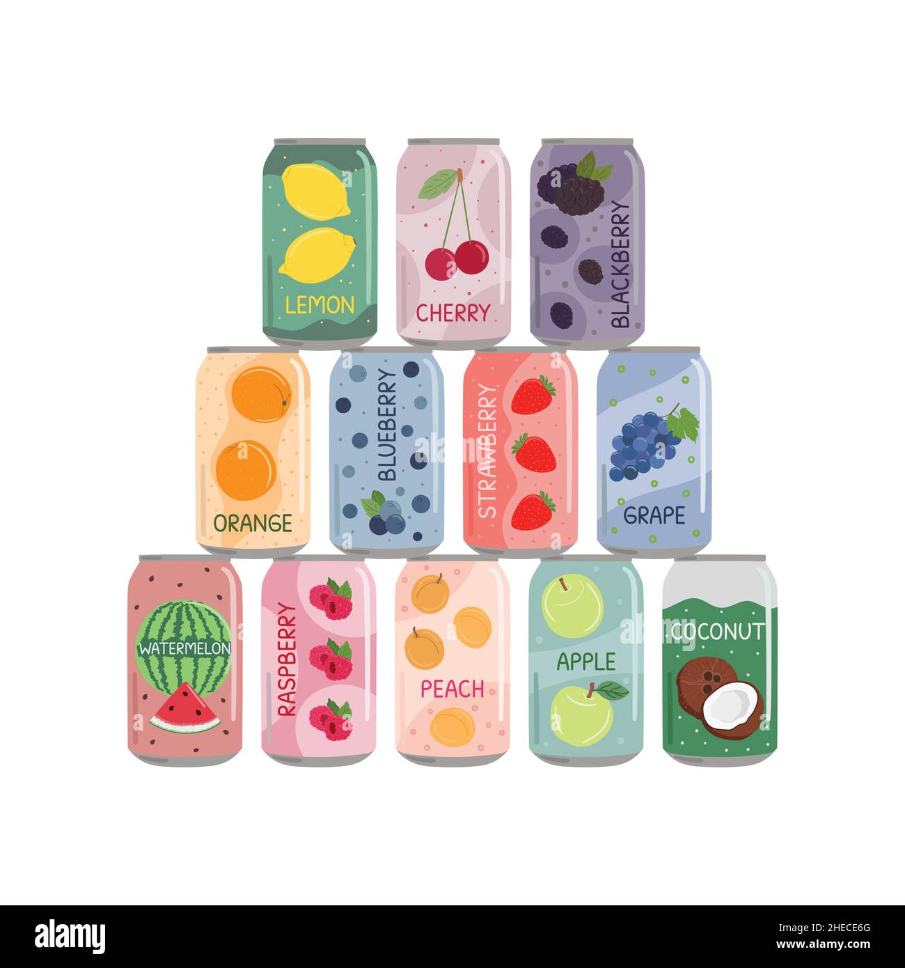 Set of soft drinks in aluminum cans pyramid with soda and lemonade ...