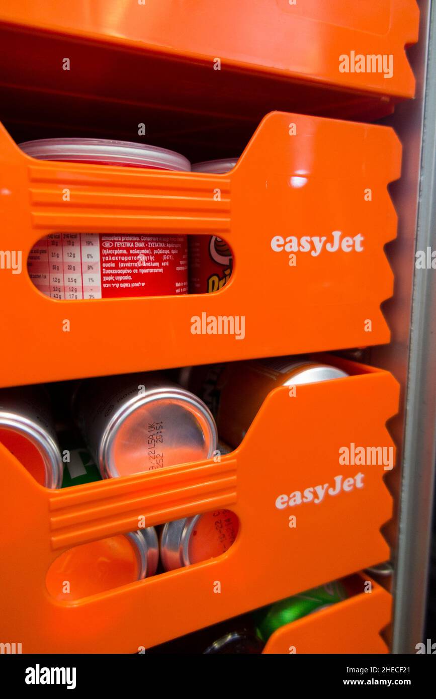 Drawers of a trolley cart during an Easyjet flight. Cabin crew / air ...