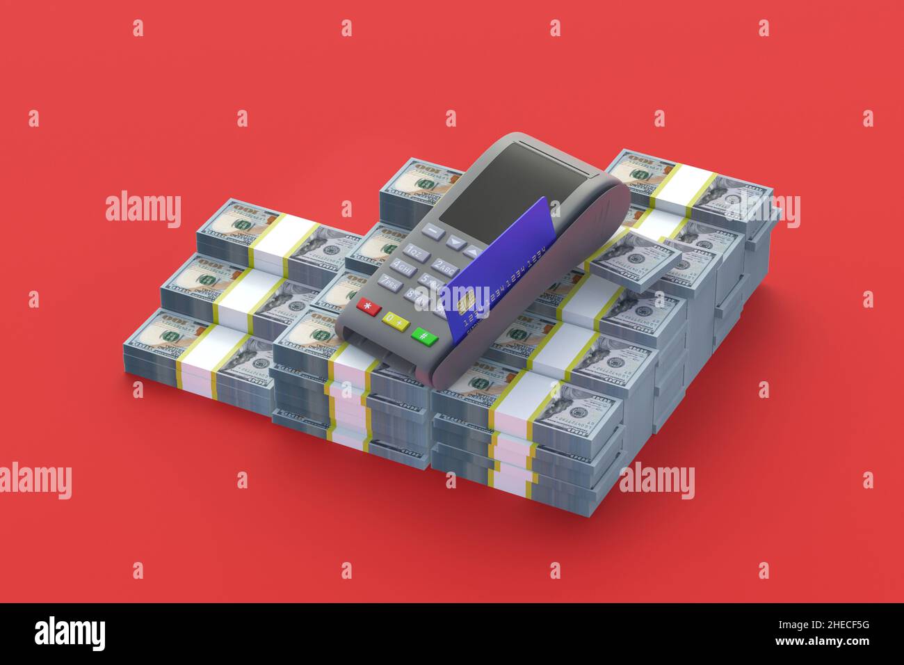Portable cash register near stack of money. Cash and non-cash payments ...