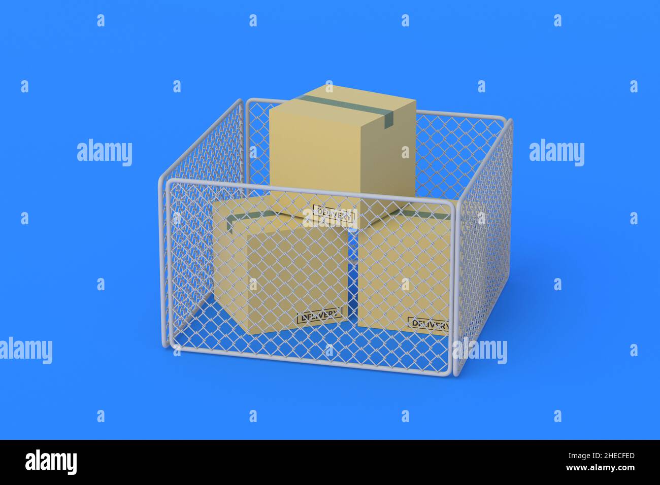 Cardboard boxes and metal grid fence. Arrest of cargo. Customs control ...