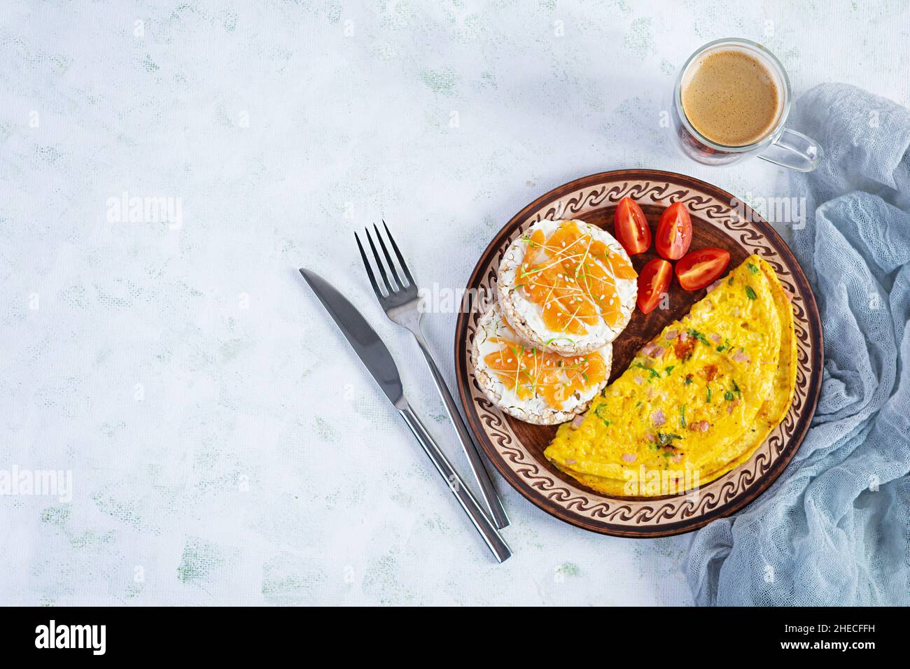 Fried omelette with beef and herbs. Delicious breakfast with eggs ...