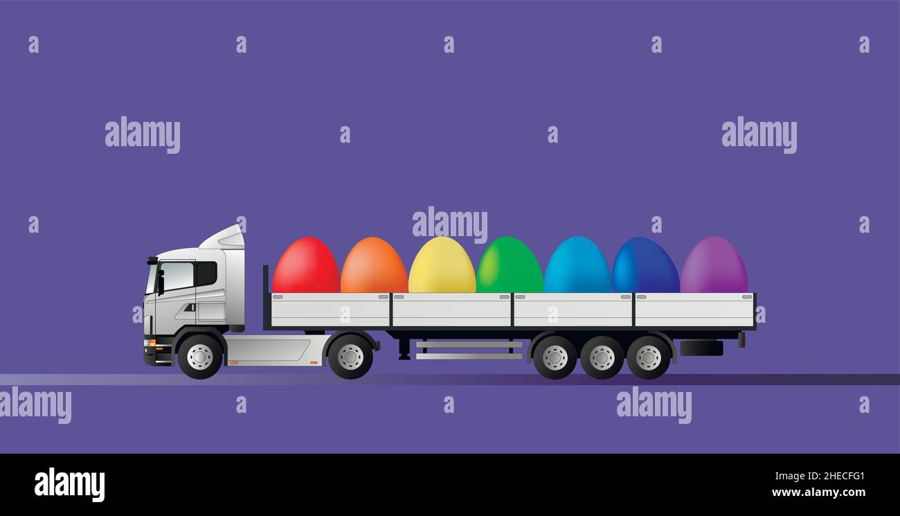 Happy Easter. A modern European truck with a semi-trailer is carrying ...