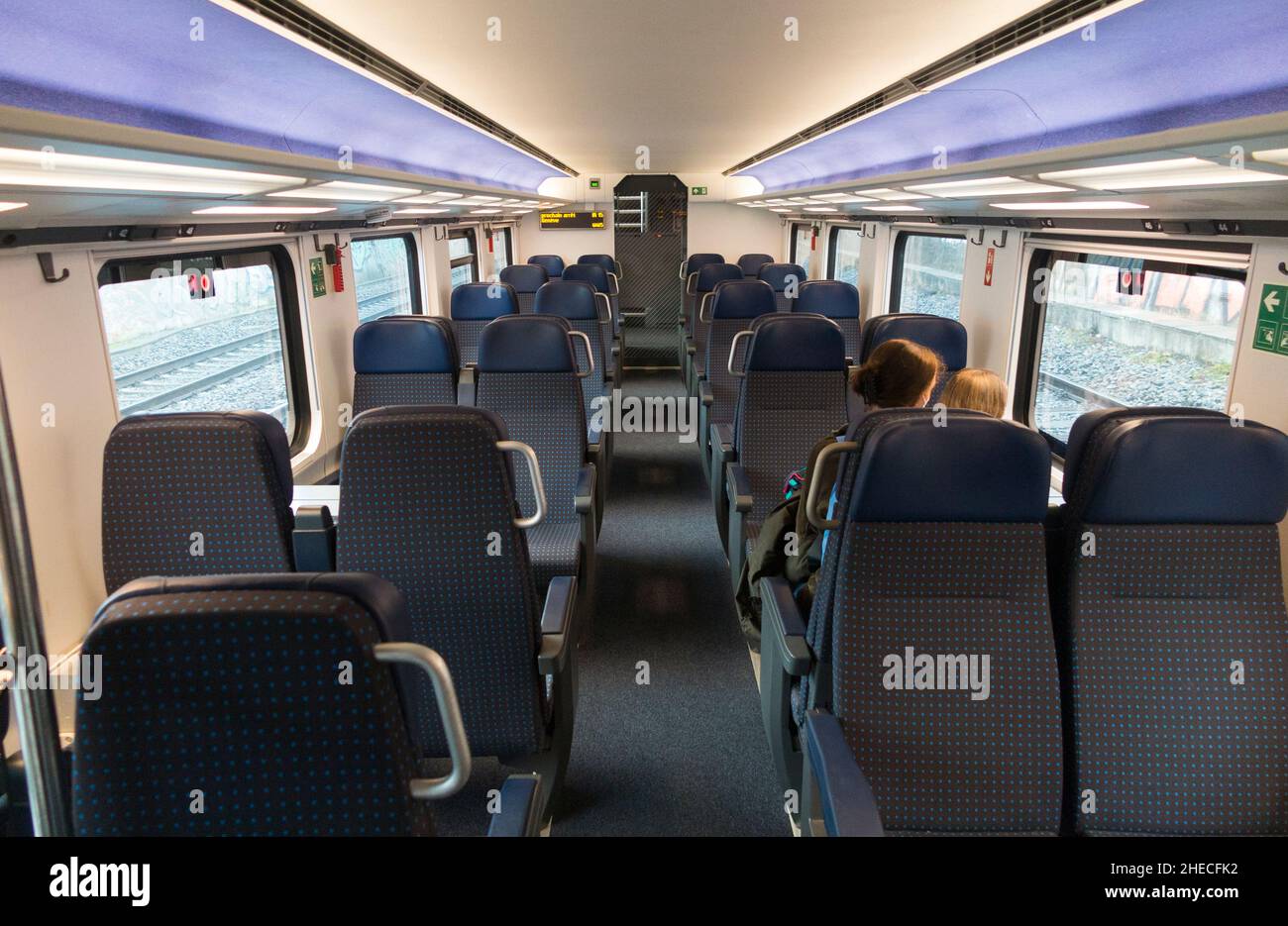 Interior of Swiss train carriage / SBB CFF FFS railway carriage interior showing seats / aisle ...