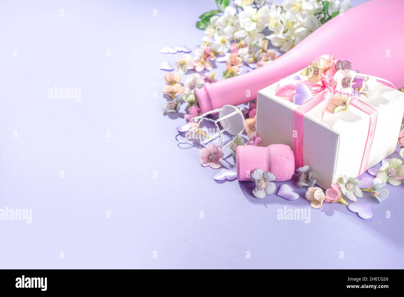 Cute high-colored Valentine day background, with pink colored champagne ...