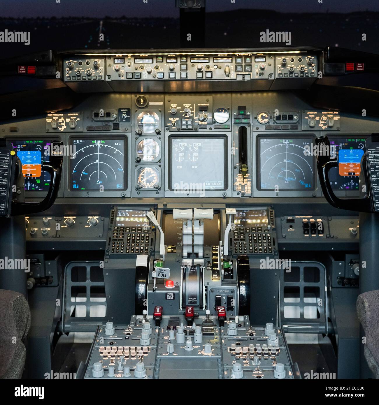 General view of the empty cockpit cockpit. Commercial flight simulator ...