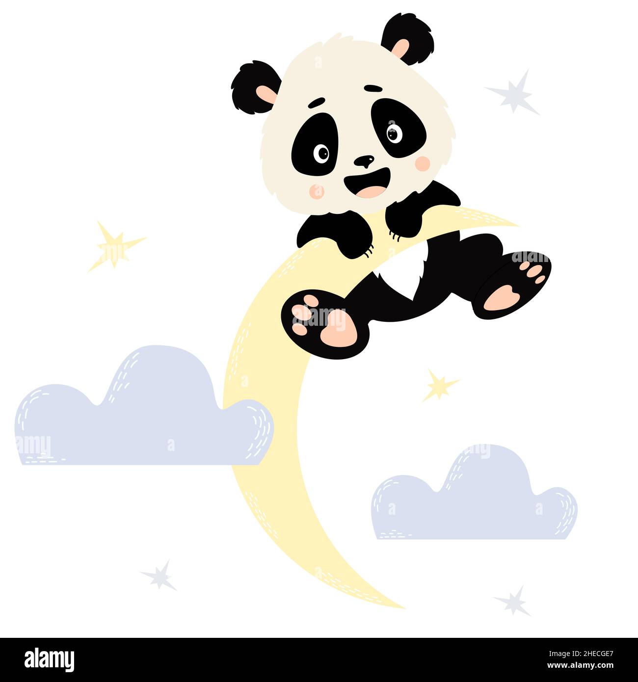 Cute panda is played and hangs on moon on white background with clouds ...