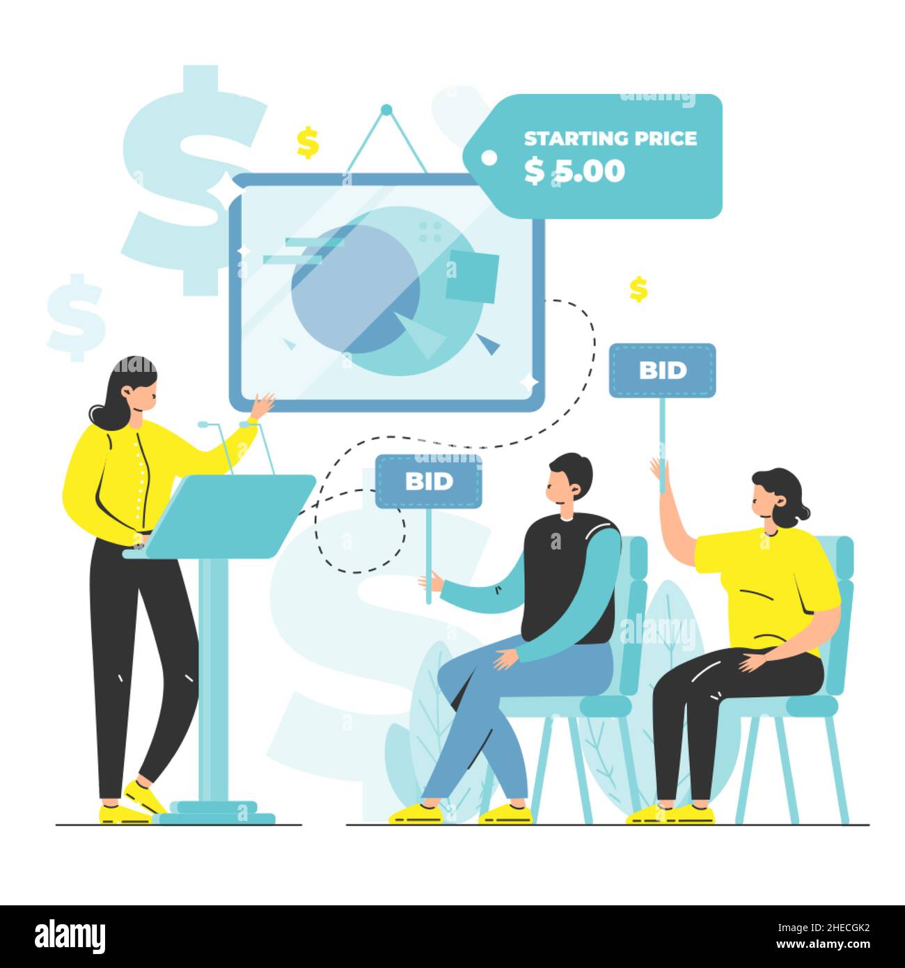Auction scene with auctioneer calling out starting price, bidders ...