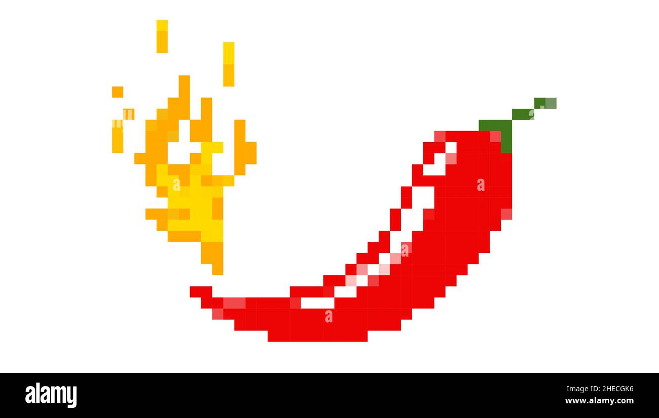 Vector illustration of hot chilli pepper with fire in pixel style ...