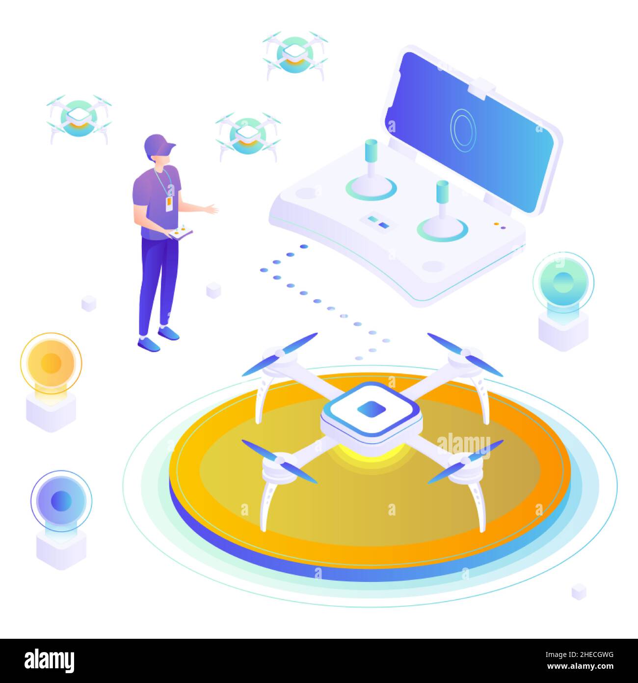 Drone operator with remote controller, quadcopter on podium, vector ...