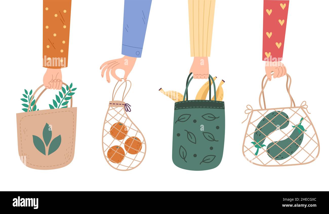 Hands hold eco bags. Different human arms hold empty string, fabric and ...